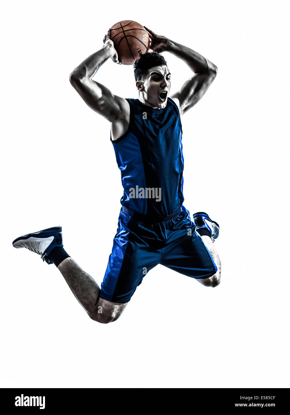 one man basketball player jumping dunking in silhouette isolated white ...