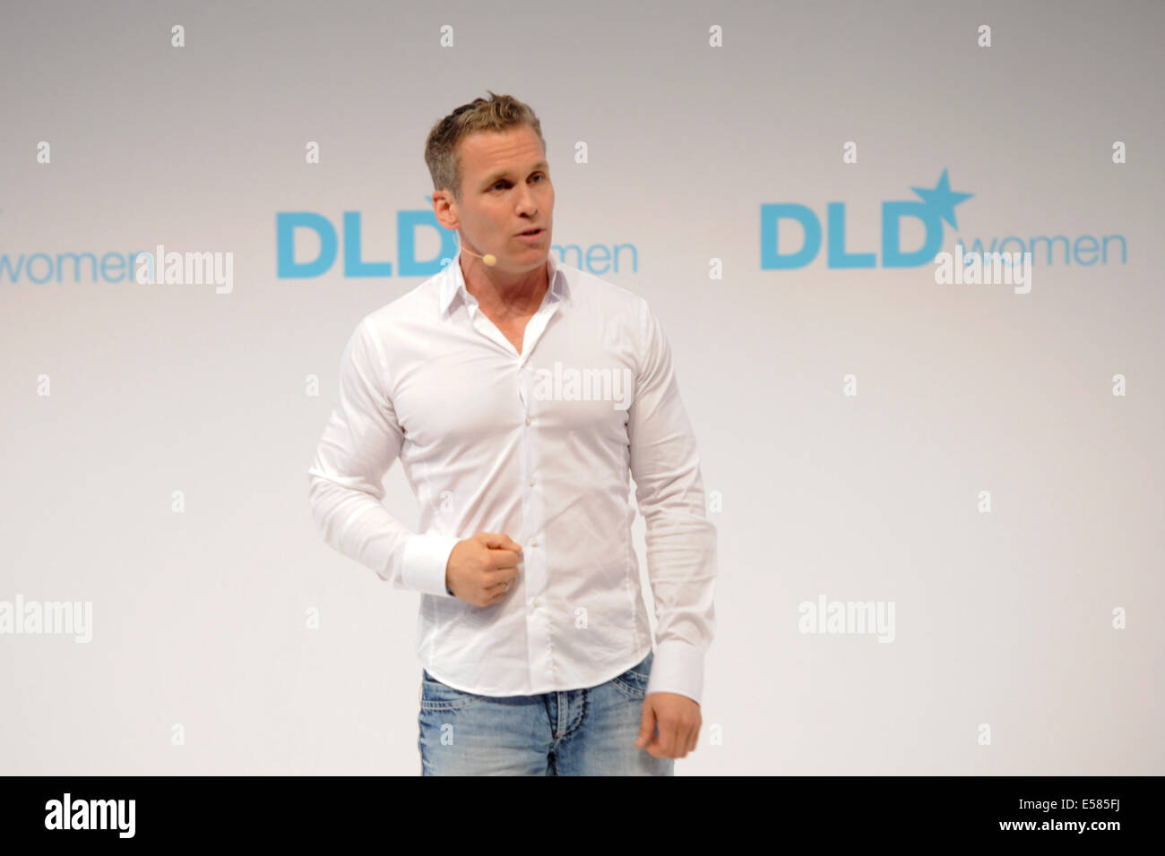 Munich, Germany. 22nd July, 2014. Patric Heizman (youfit) speaks on the ...