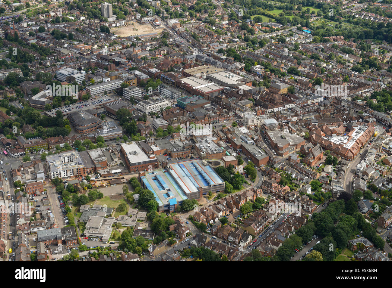 An aerial view showing the town centre of St Albans in Hertfordshire ...