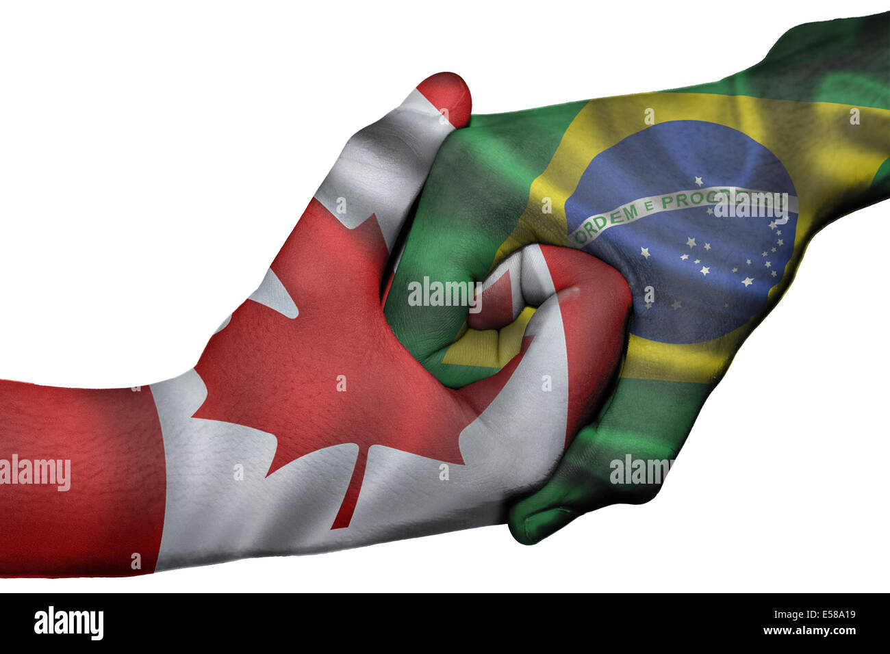 Diplomatic handshake between countries: flags of Canada and Brazil ...