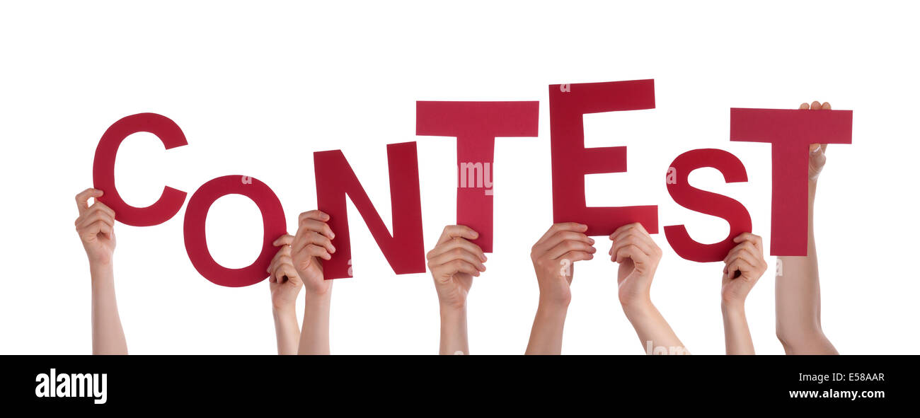 Many Hands Holding the Word Contest, Isolated Stock Photo - Alamy