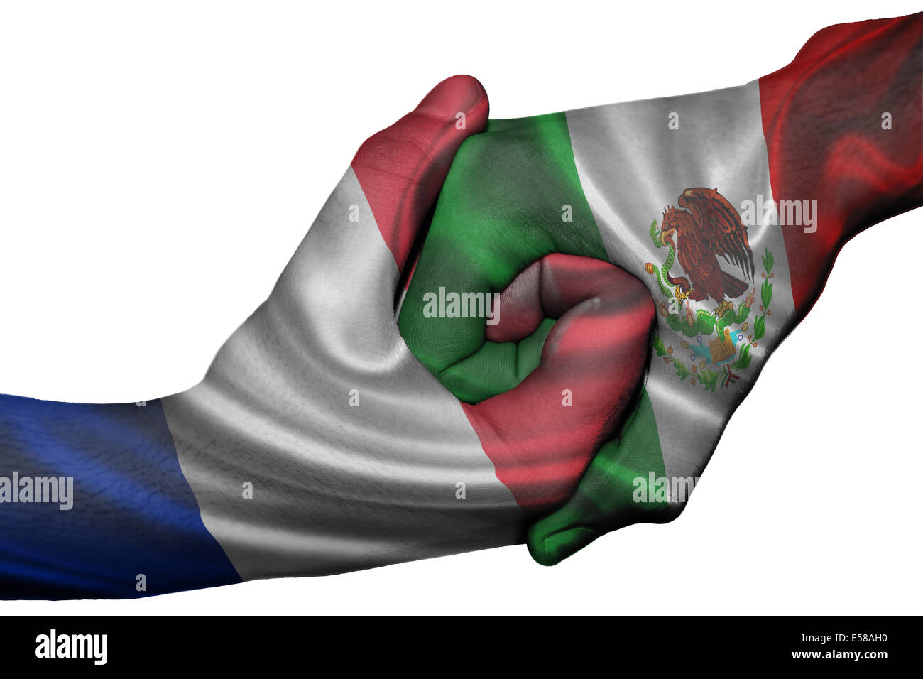 Diplomatic handshake between countries: flags of France and Mexico ...