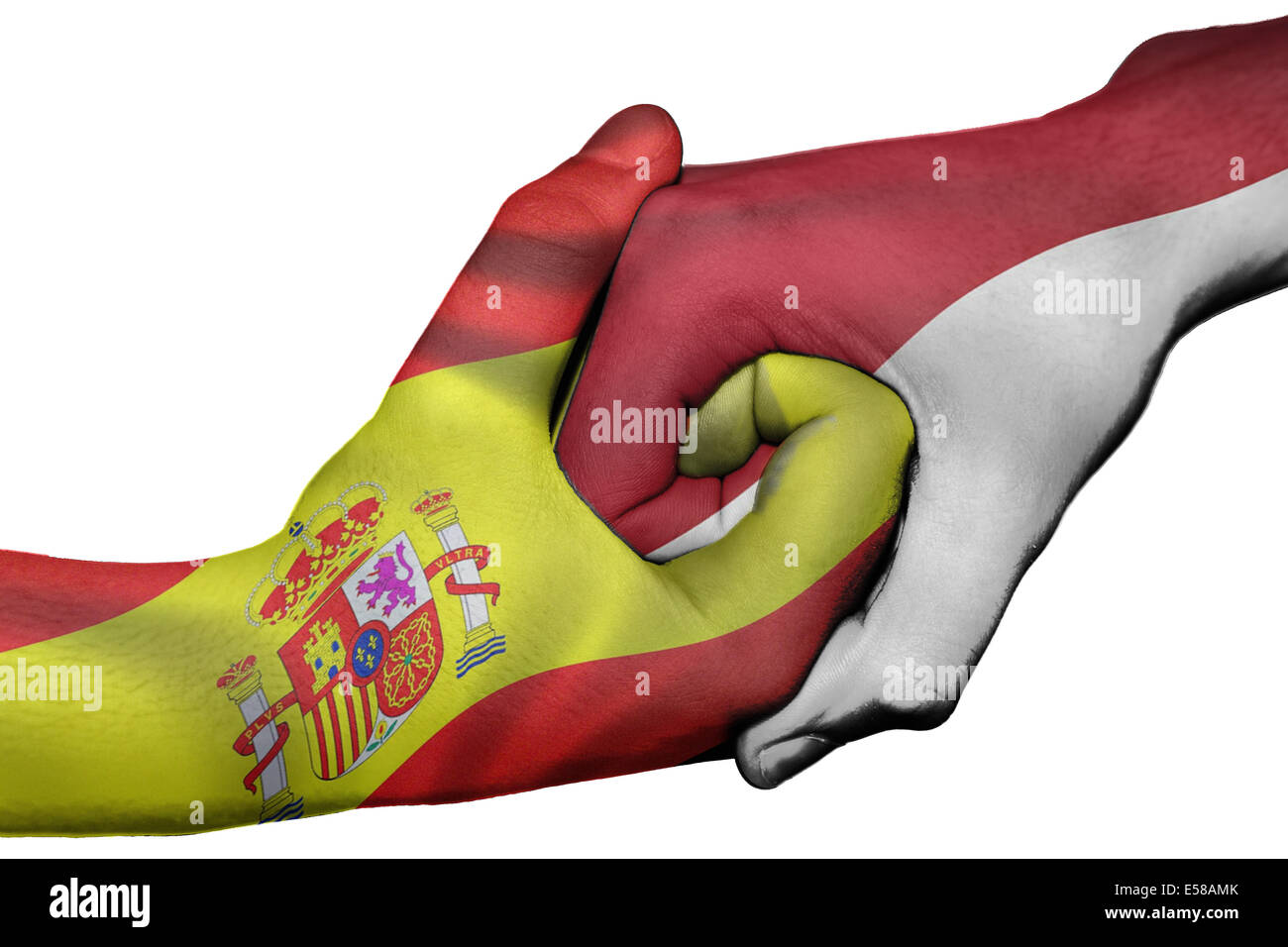 Diplomatic handshake between countries: flags of Spain and Indonesia ...