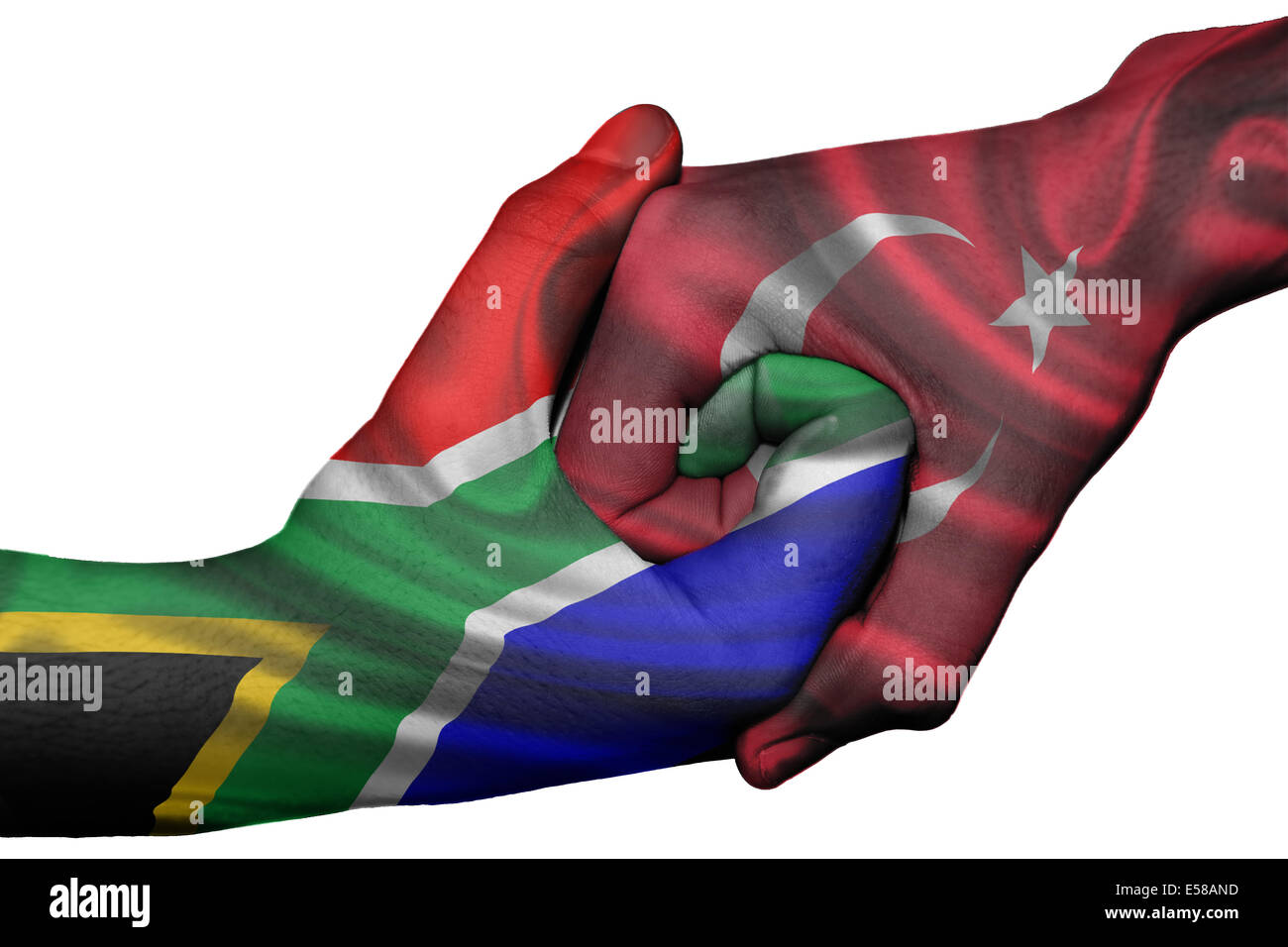 Diplomatic handshake between countries: flags of South Africa and ...