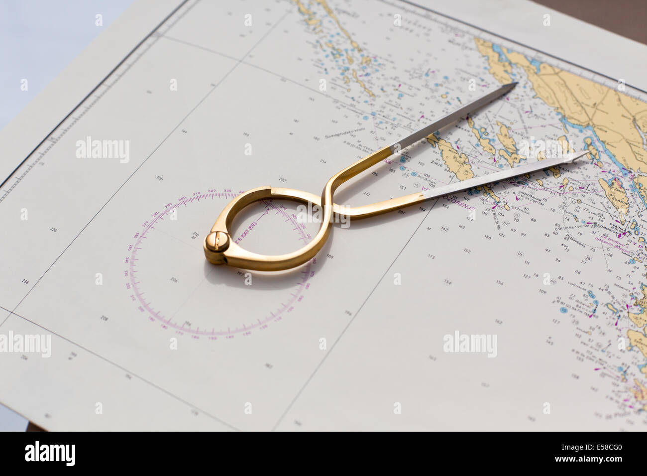 Pair of compasses for navigation on a sea map with low depth of field ...