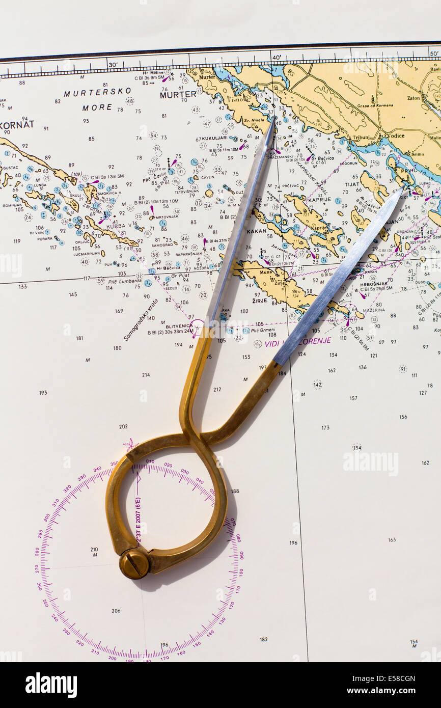 Pair of compasses for navigation on a sea map. Vertical shot Stock ...