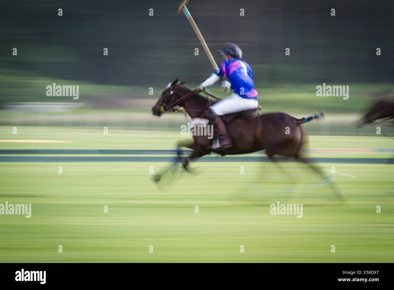Polo player is blurred as he rides at speed Stock Photo - Alamy