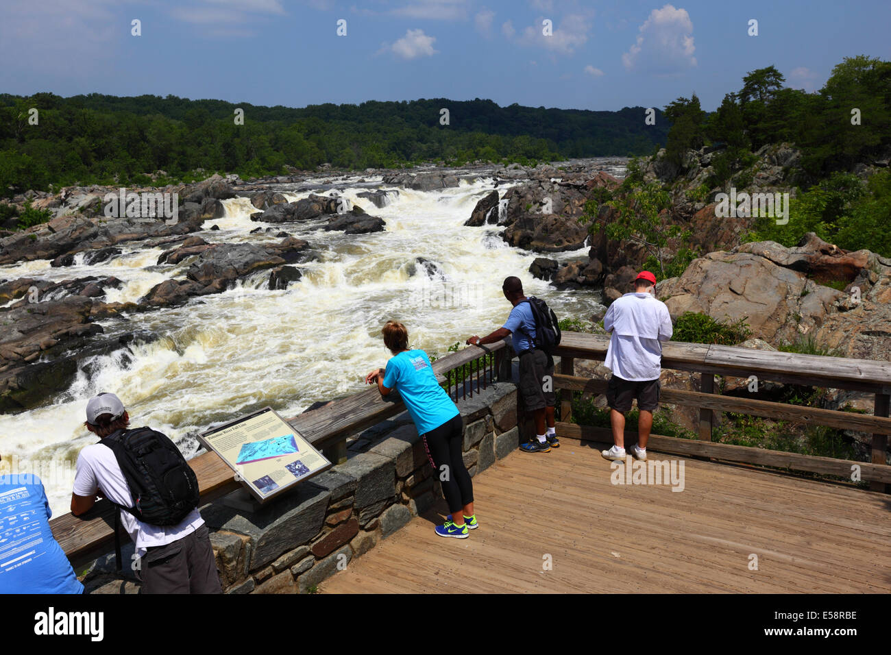Tourists looking over Great Falls on Potomac River from viewpoint on ...
