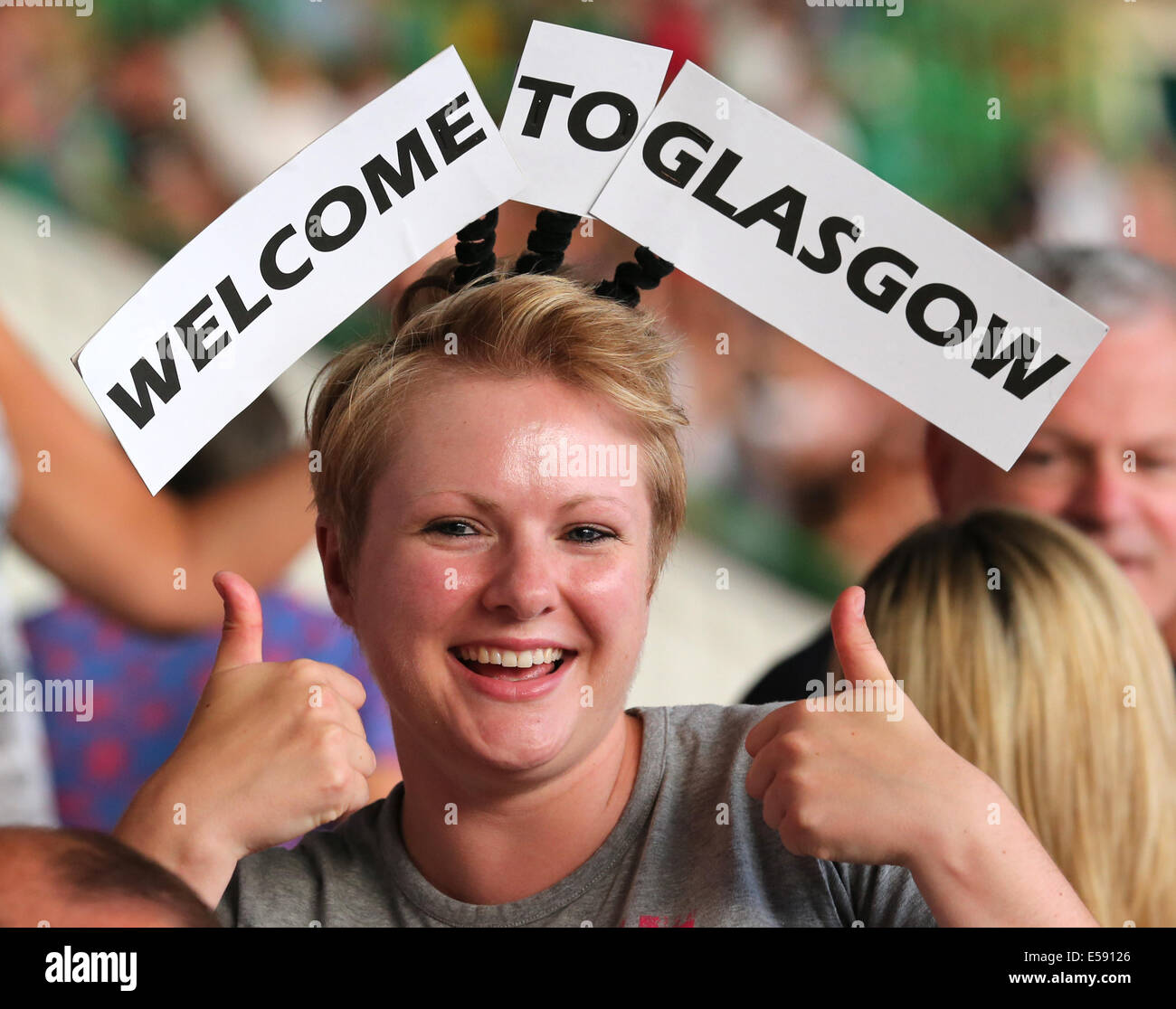 Glasgow, Scotland, UK. 23rd July, 2014. A spectator wears a sign of ...