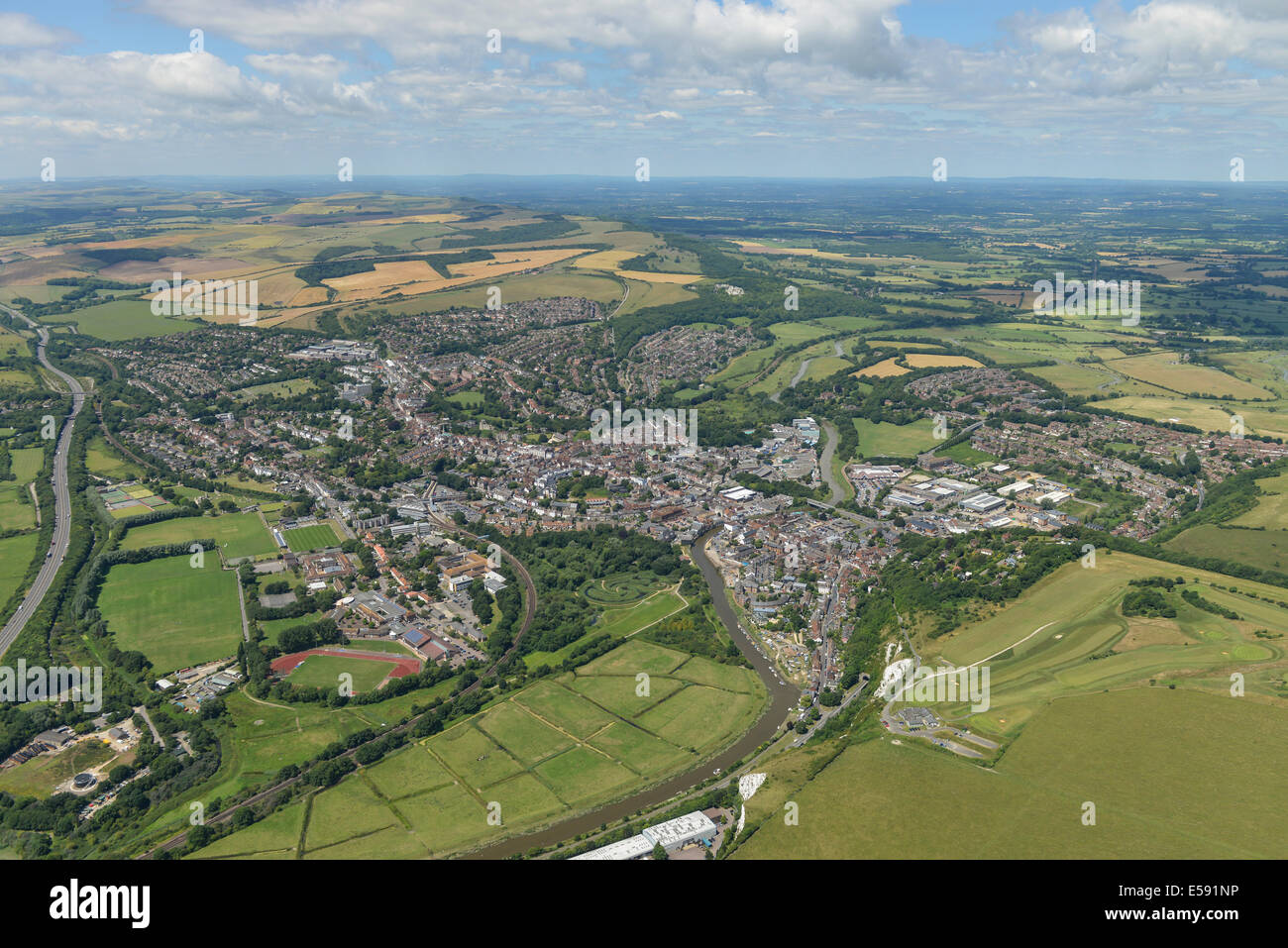 An aerial view showing the whole of Lewes and the surrounding East ...