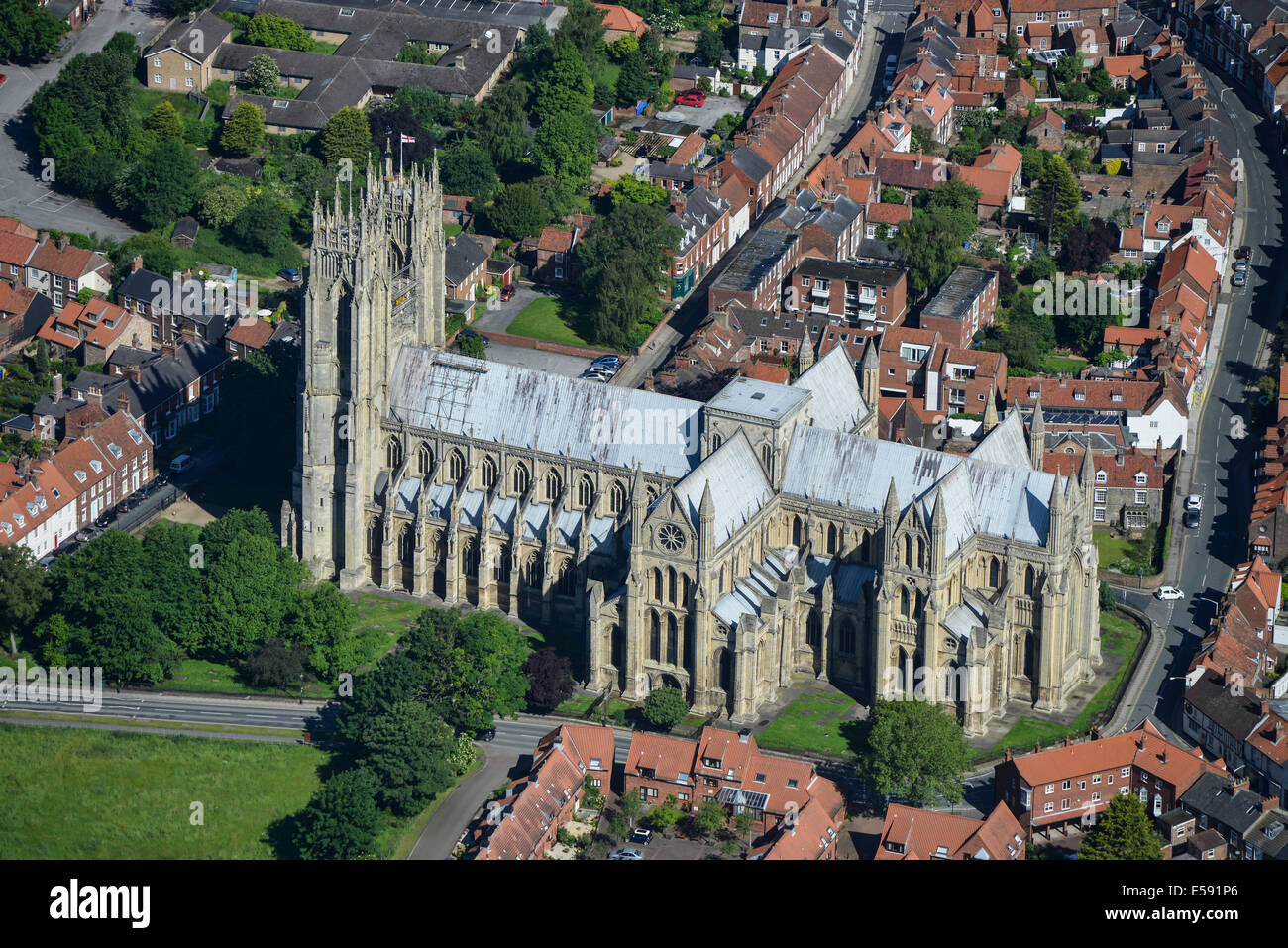 An aerial close-up view of Beverley Minster, East Yorkshire Stock Photo ...