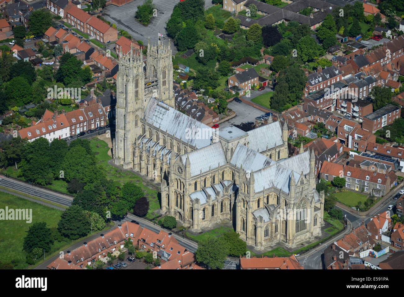 An aerial close-up view of Beverley Minster, East Yorkshire Stock Photo ...
