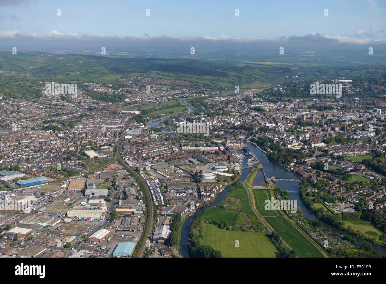 An aerial view looking north along the River Exe towards Exeter City ...