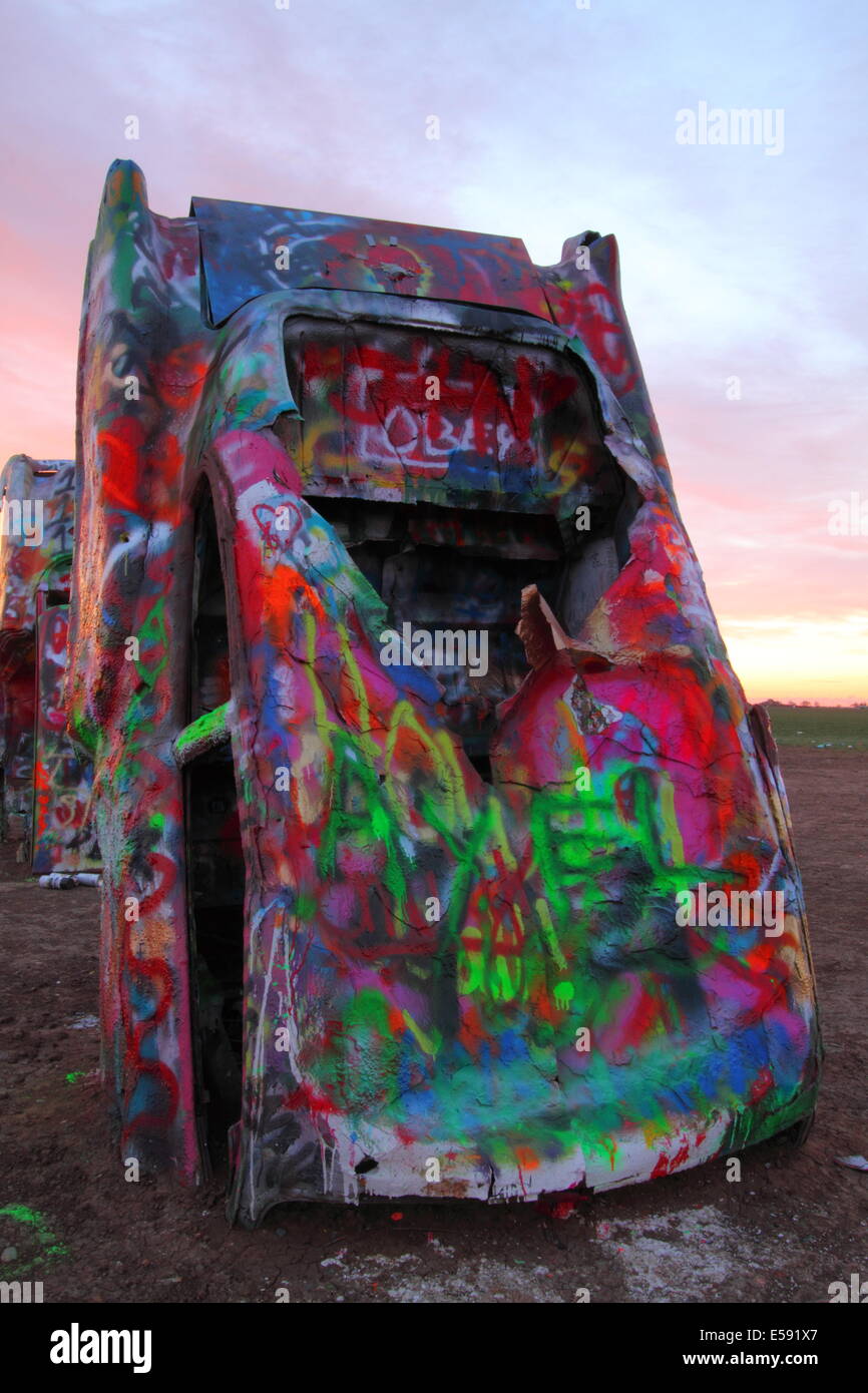 Art installation known as "Cadillac Ranch" near Amarillo, Texas on ...
