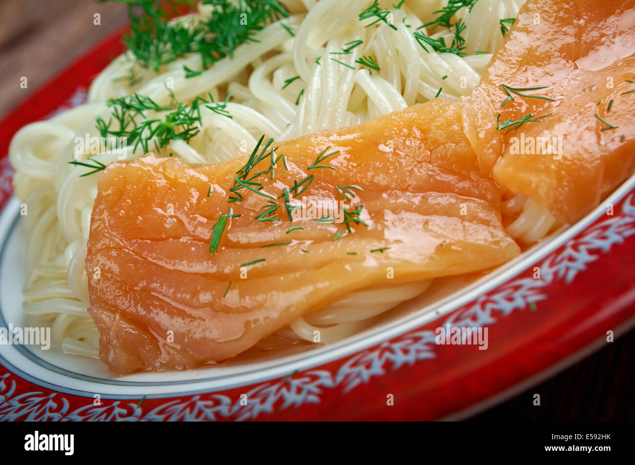 Pasta vermicelli with salmon . closeup Stock Photo - Alamy