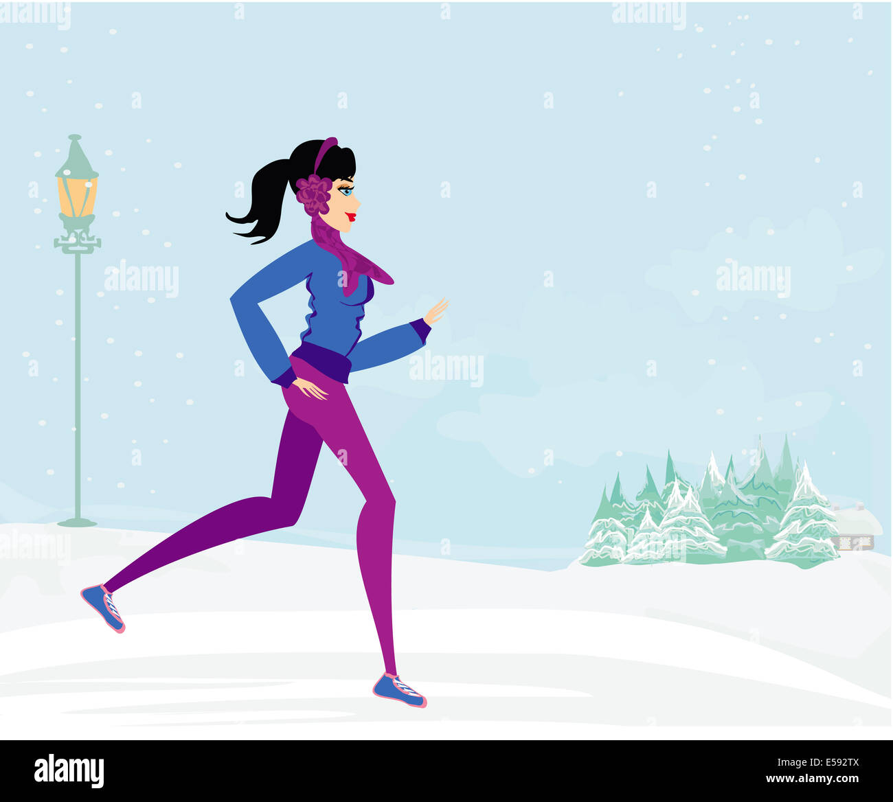 Slim girl running winter landscape woman fitness jogging hi-res stock ...