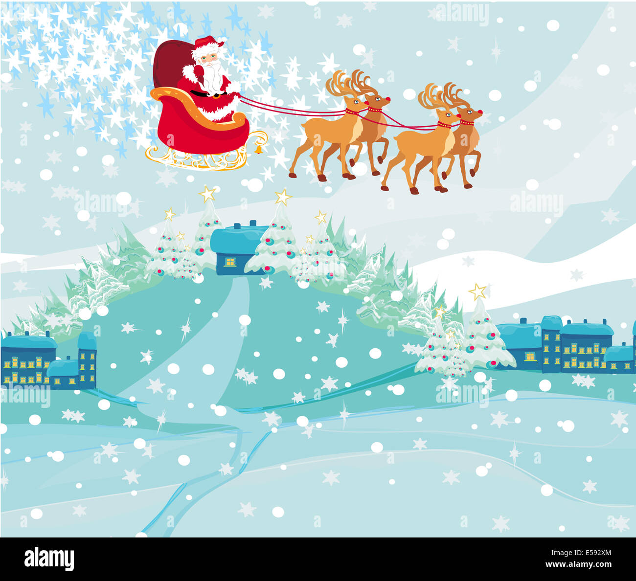 Santa Claus flying over city Stock Photo - Alamy