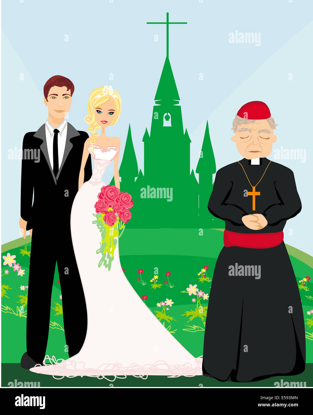 wedding couple and the priest in front of a church Stock Photo - Alamy