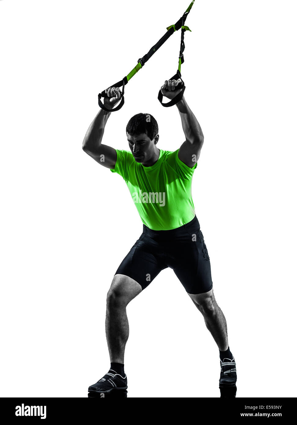 one man exercising suspension training trx on white background Stock ...