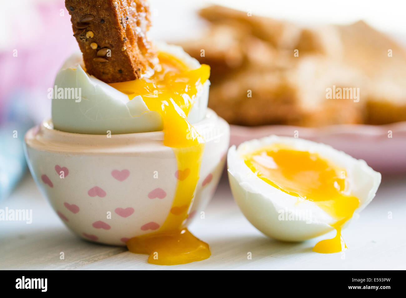Series on boiled duck egg for breakfast, with toast soldiers Stock ...