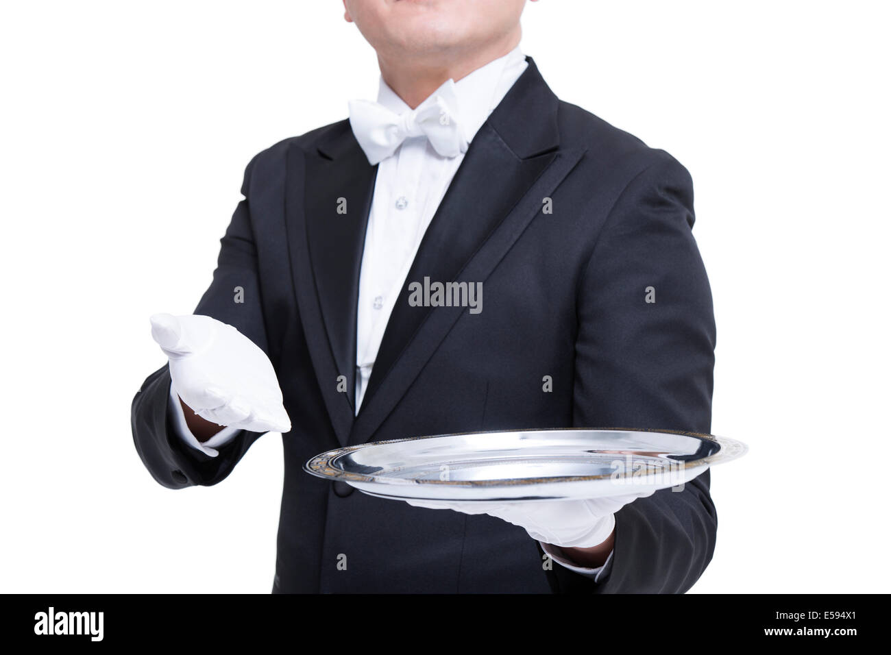 Happy waiter with serving tray Stock Photo - Alamy