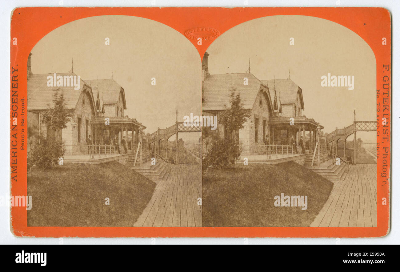 A stereograph capturing Bryn Mawr train station, located in the ...