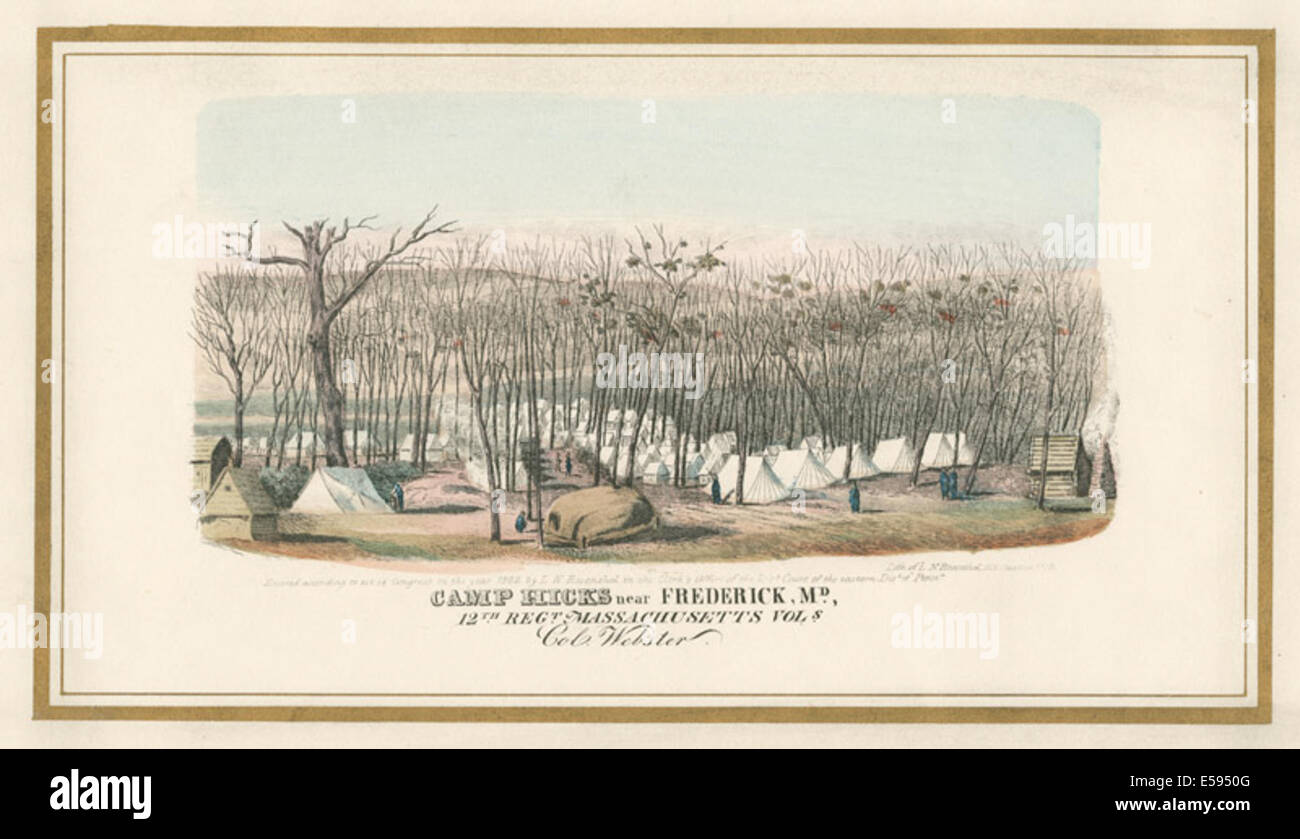 A lithograph of Camp Hicks near Frederick, Maryland, depicting the 12th ...