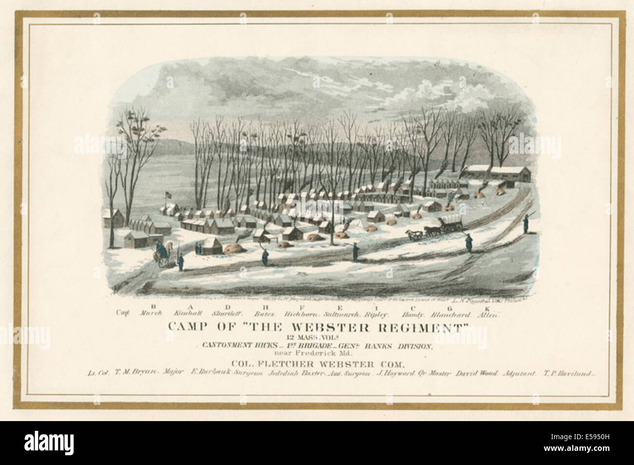 A lithograph from 1862 depicting Camp Hicks near Frederick, Maryland ...
