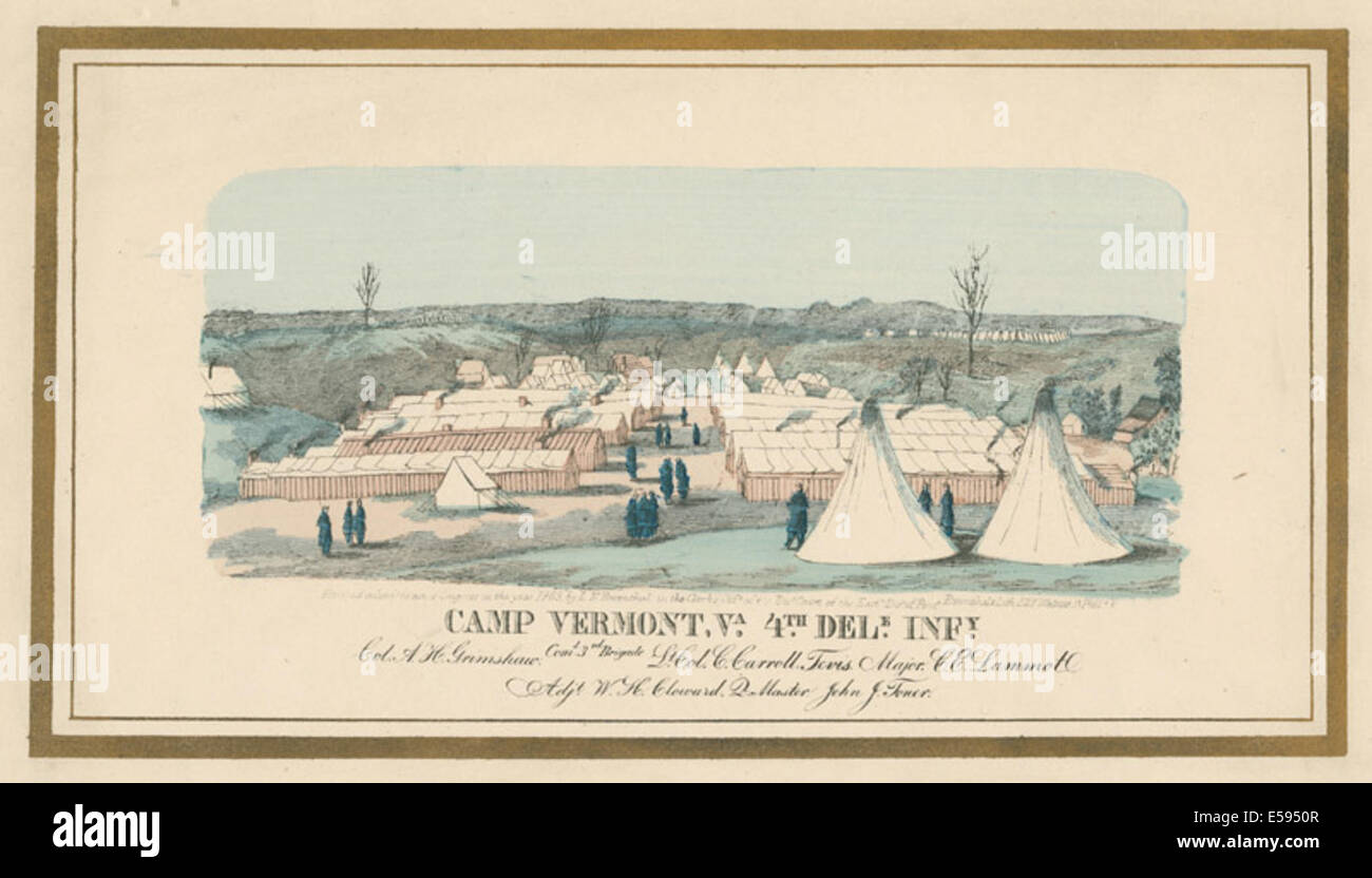 A lithograph from 1863 showing Camp Vermont, Virginia, with soldiers of ...
