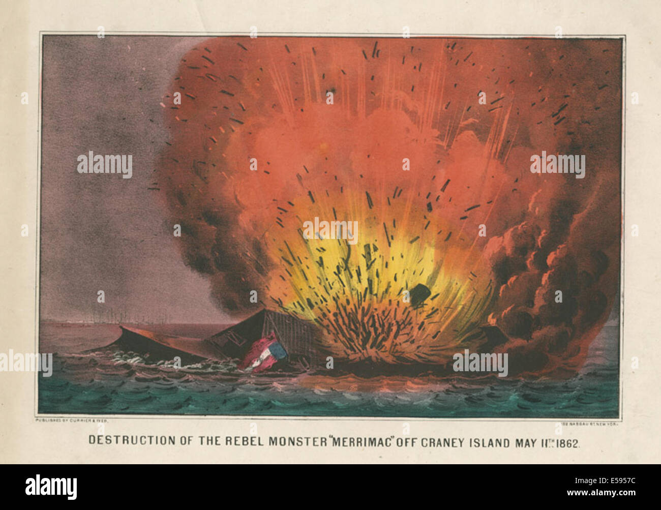 A lithograph depicting the destruction of the Confederate ironclad CSS ...