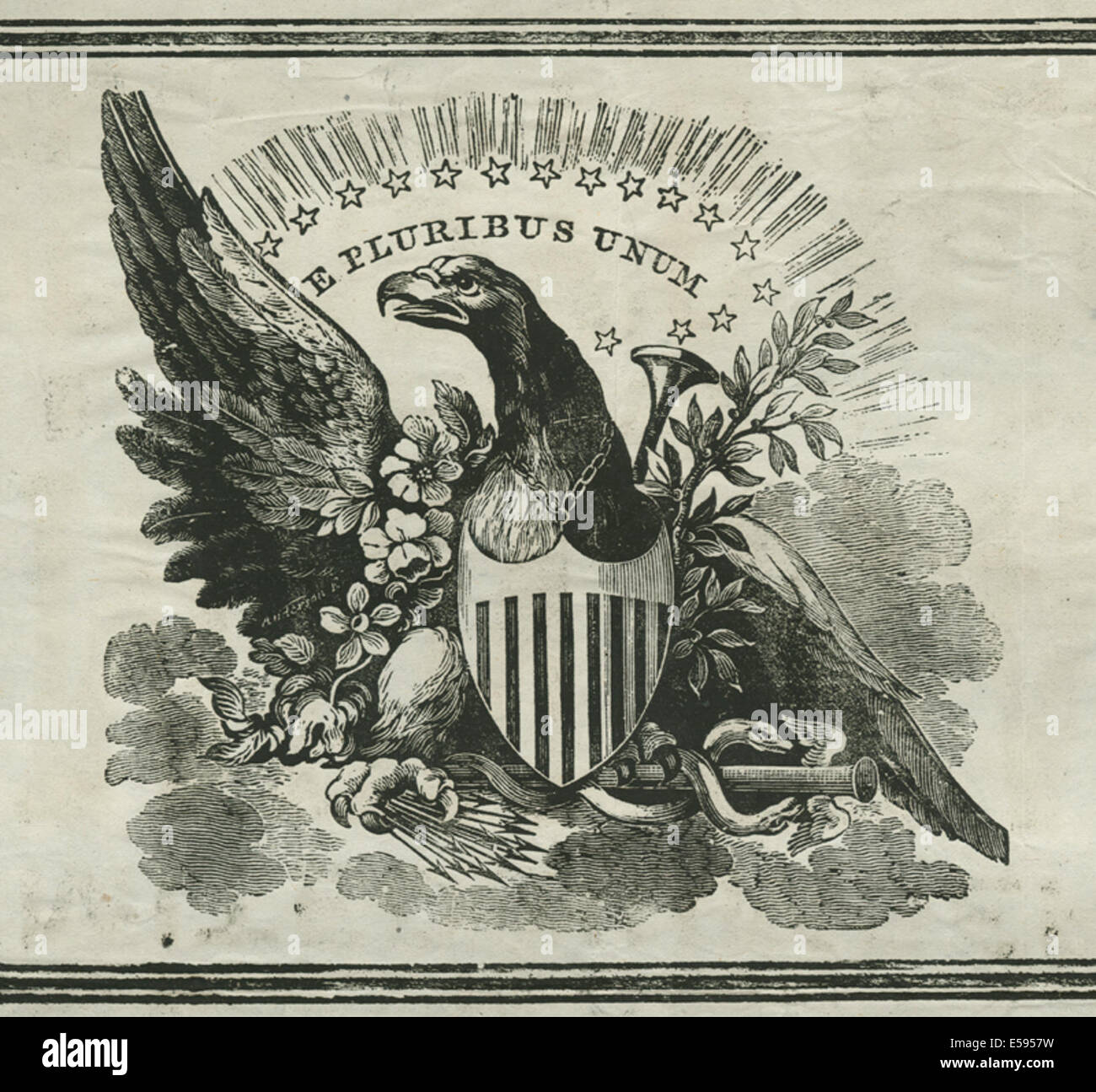 A woodcut from around 1862 depicting an eagle wearing a chain and ...