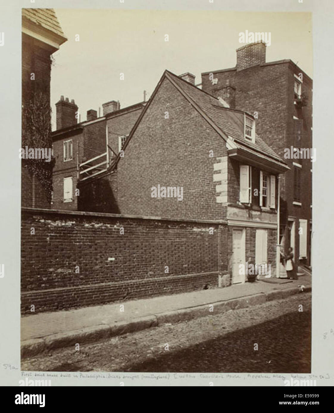 A photograph of the first brick house built in Philadelphia ...