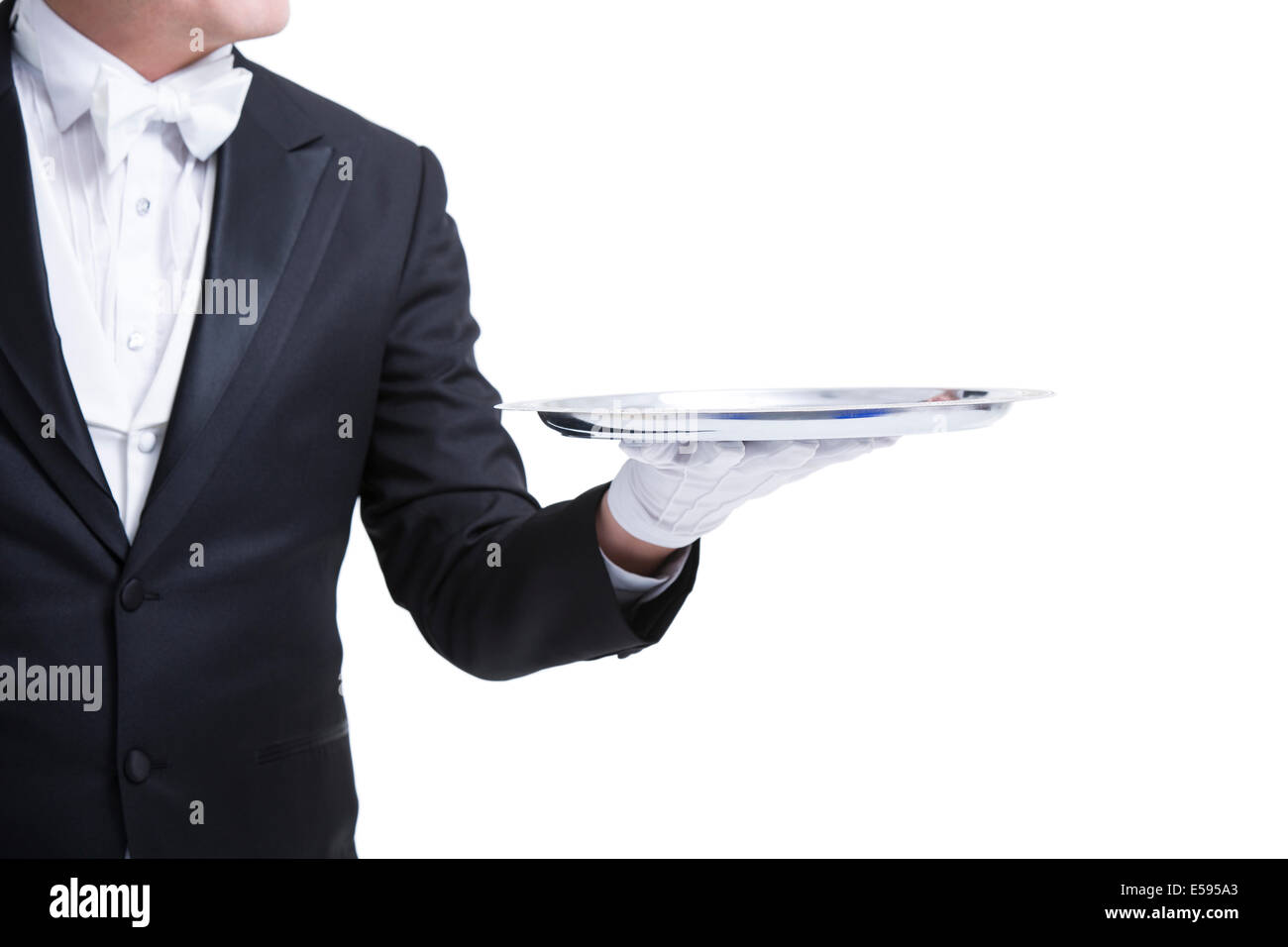Happy waiter with serving tray Stock Photo - Alamy