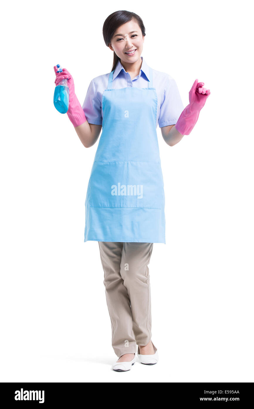 Female cleaner with cleaning product Stock Photo - Alamy