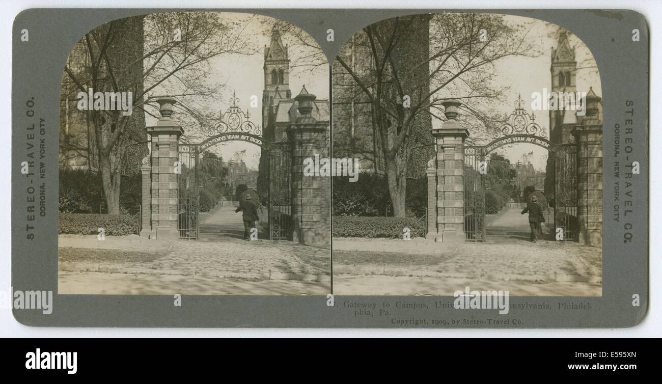 A stereograph showing the gateway to the University of Pennsylvania ...