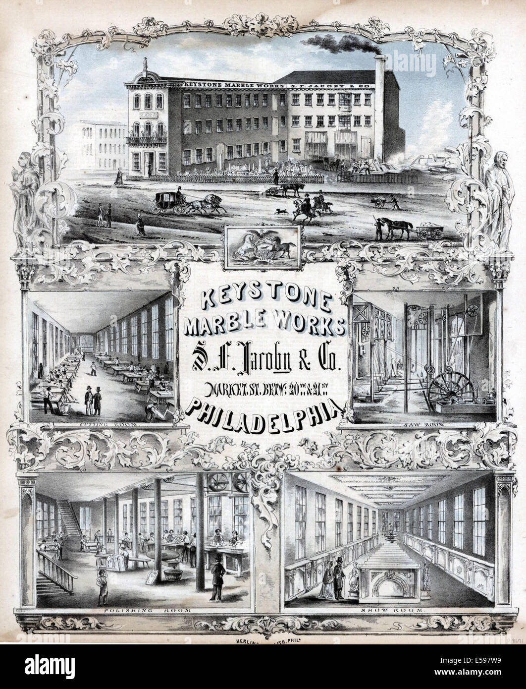 A lithograph of the Keystone Marble Works, located between 20th and ...