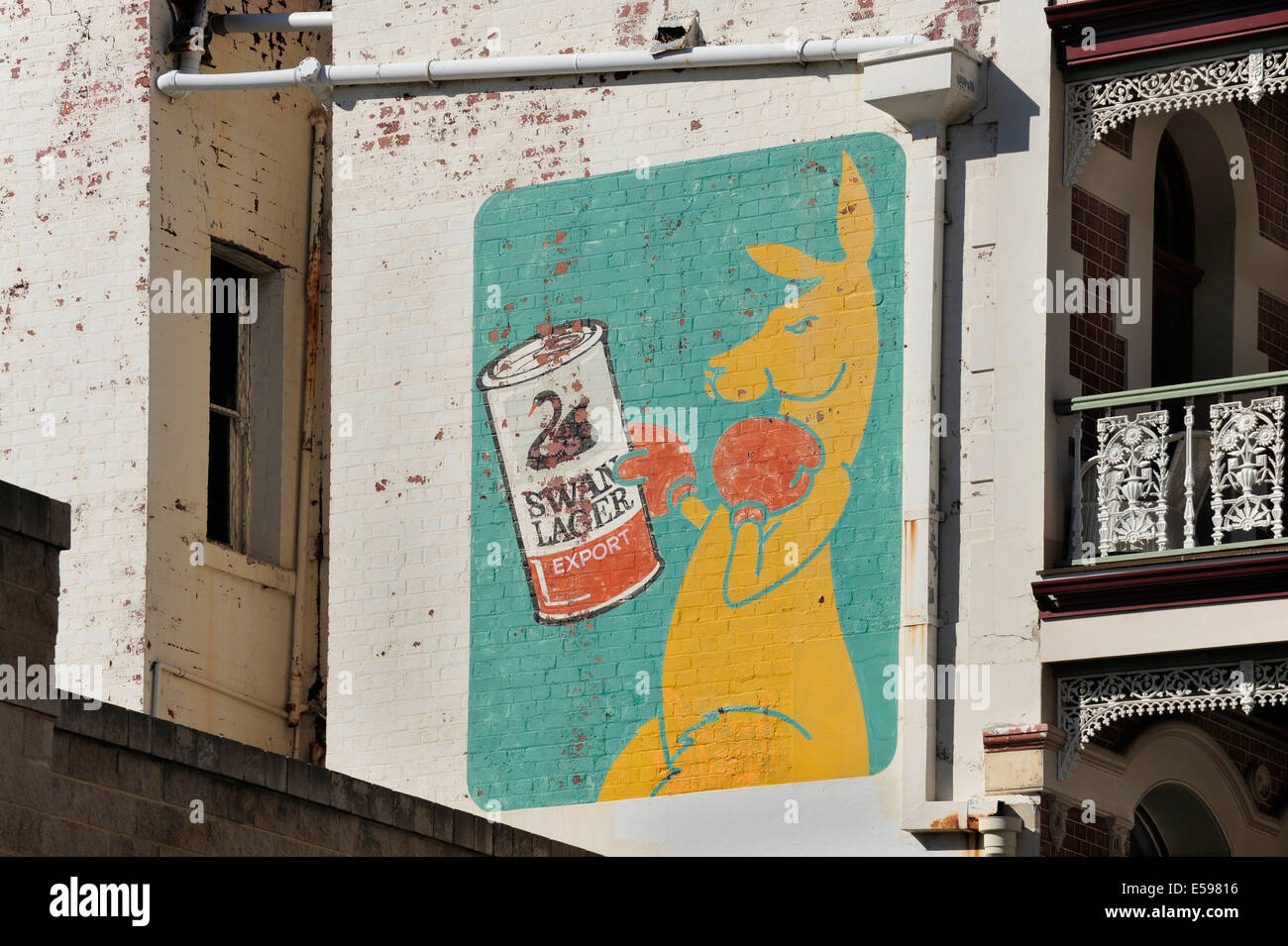 Australia, Perth, Fremantle, wall painting, kangaroo holding a can of ...