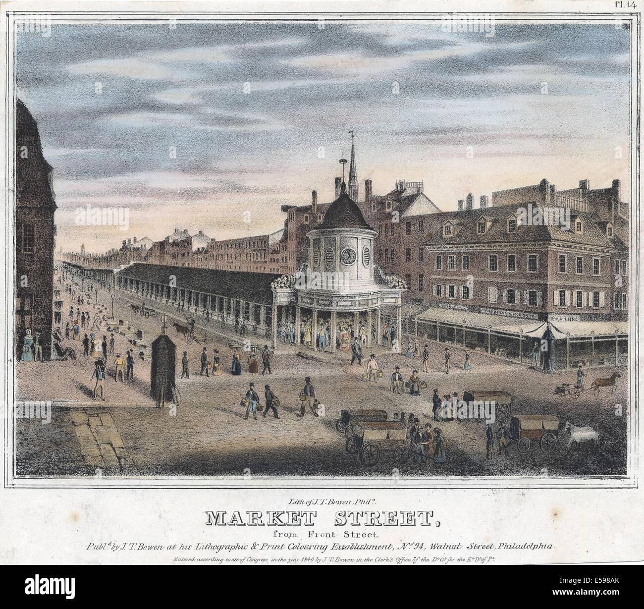 A lithograph depicting Market Street in Philadelphia around 1840-1848 ...