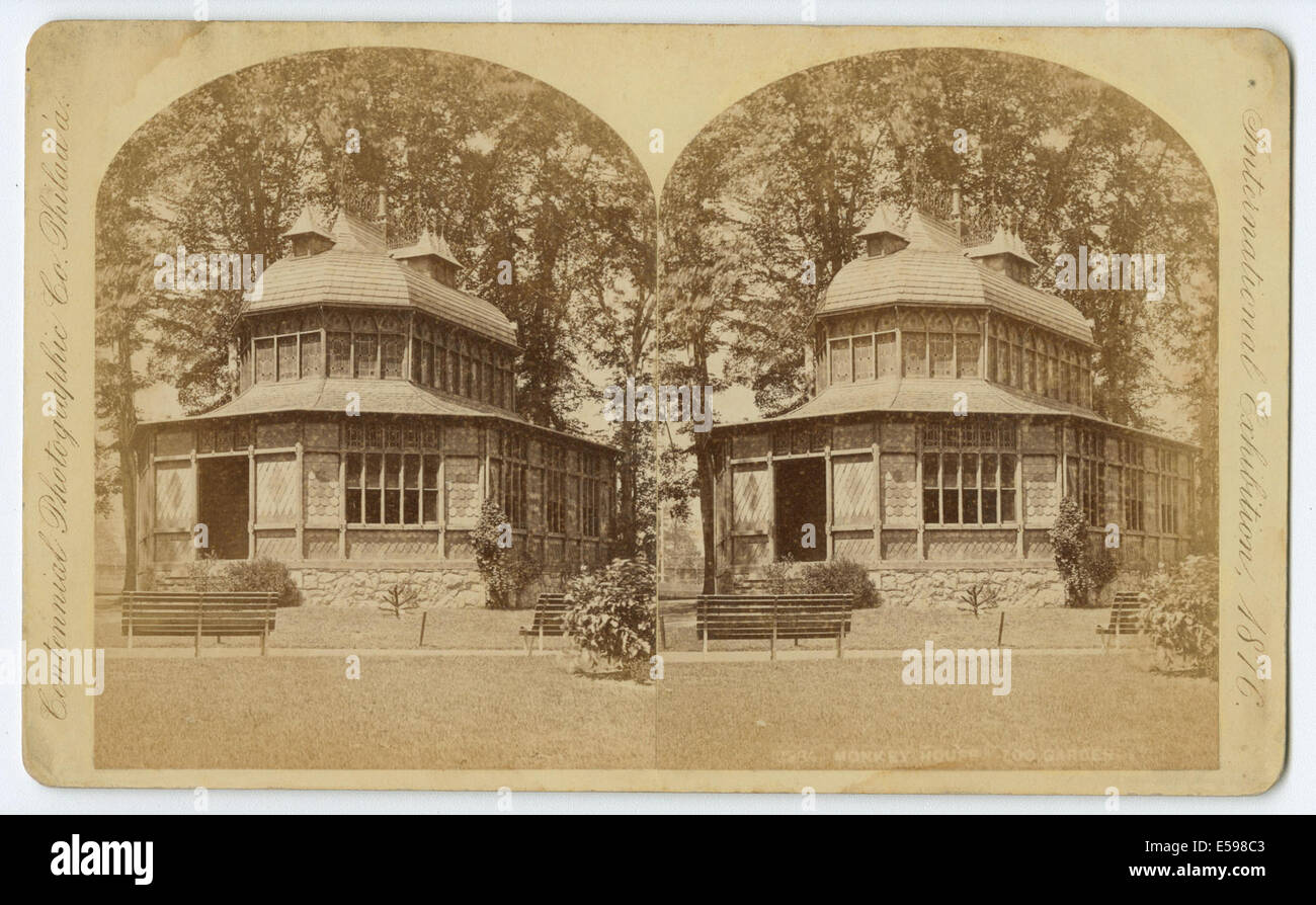 A stereograph showing the Monkey House at the Philadelphia Zoo, part of ...