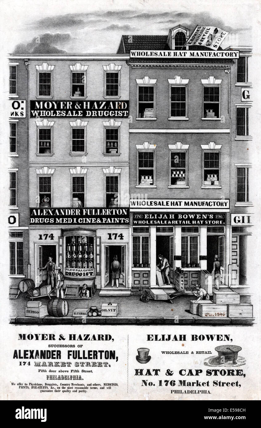 A lithograph from circa 1846 showing the commercial storefronts of ...