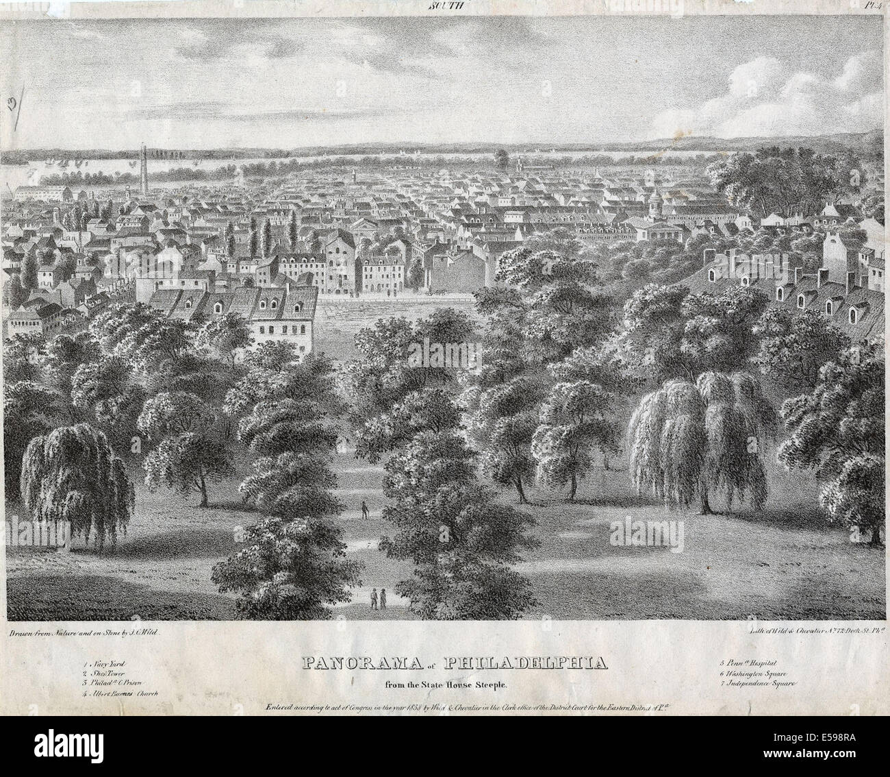 A 1838 lithograph showing a panoramic view of Philadelphia from the ...