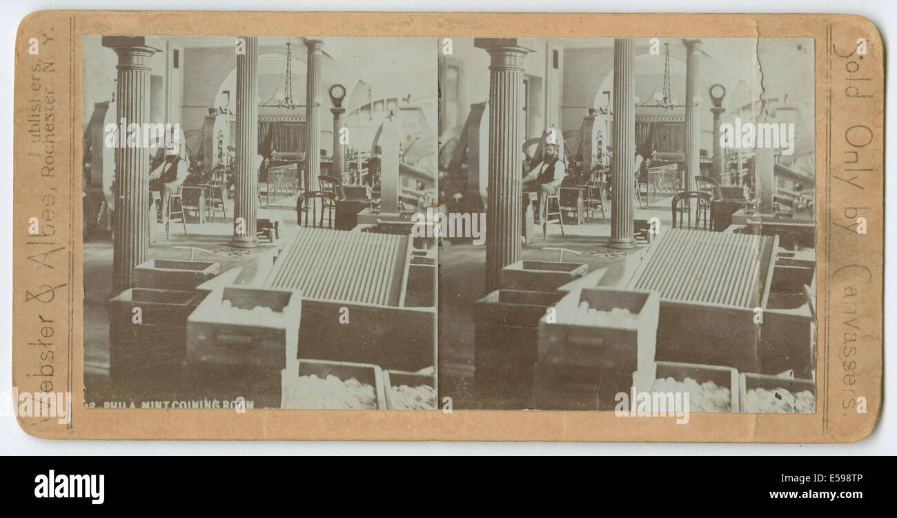A stereograph depicting the coining room of the Philadelphia Mint on ...