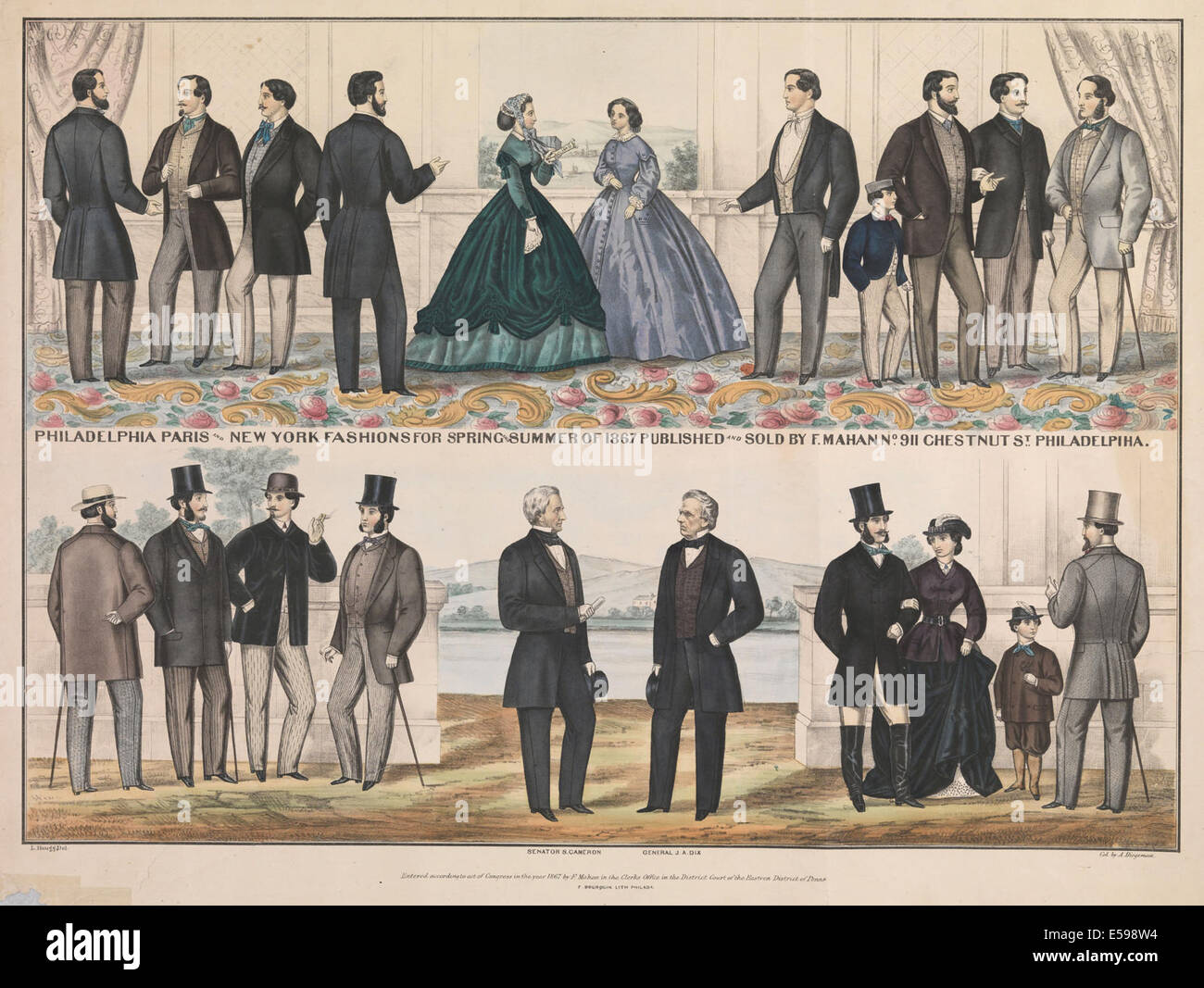 A fashion illustration from 1867 showcasing the latest spring and ...