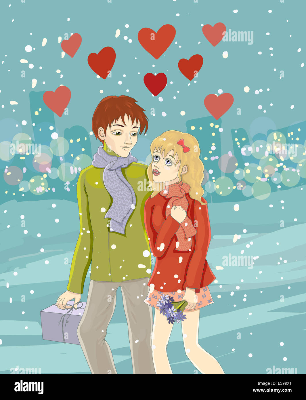 vector illustration of a romantic couple outdoors in winter in eps 10 ...