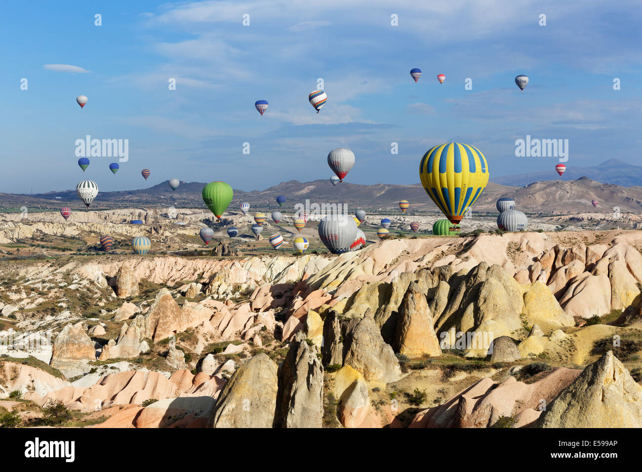 Turkey, Eastern Anatolia, Cappadocia, hot air balloons hoovering over ...