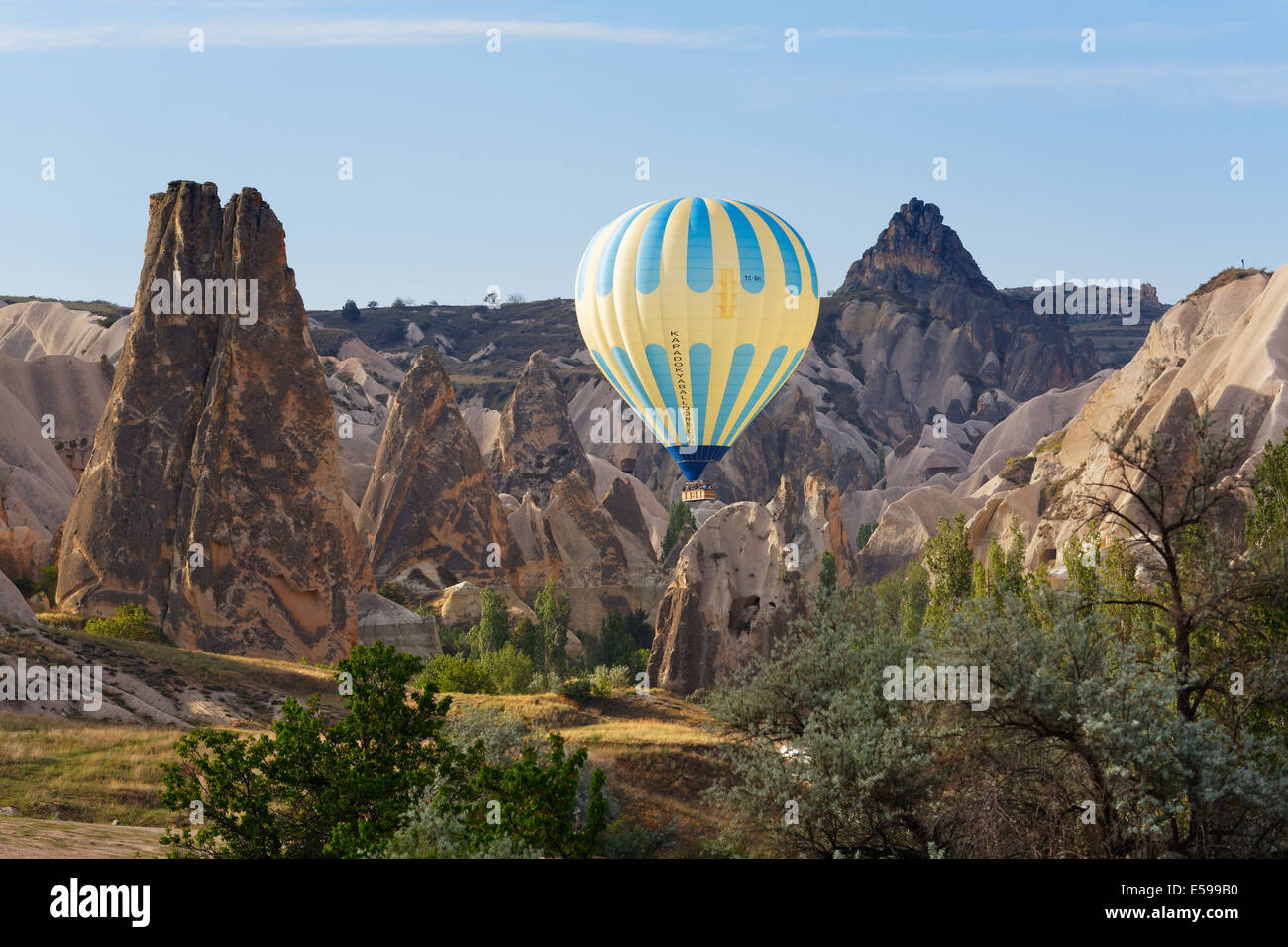 Turkey, Eastern Anatolia, Cappadocia, hot air balloon hoovering between ...