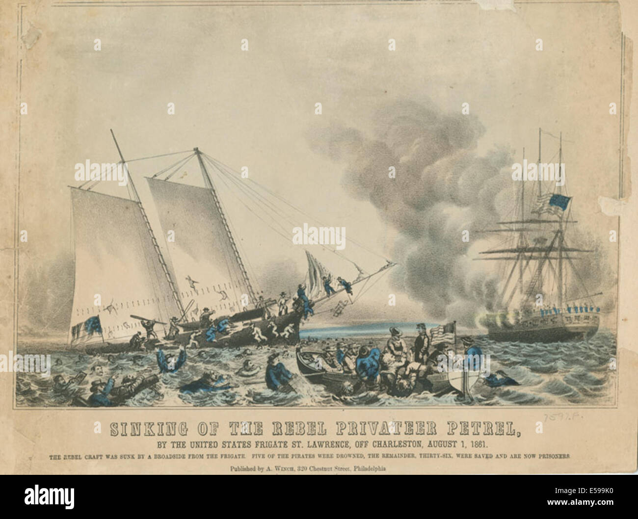 A lithograph illustrating the sinking of the Rebel privateer Petrel by ...