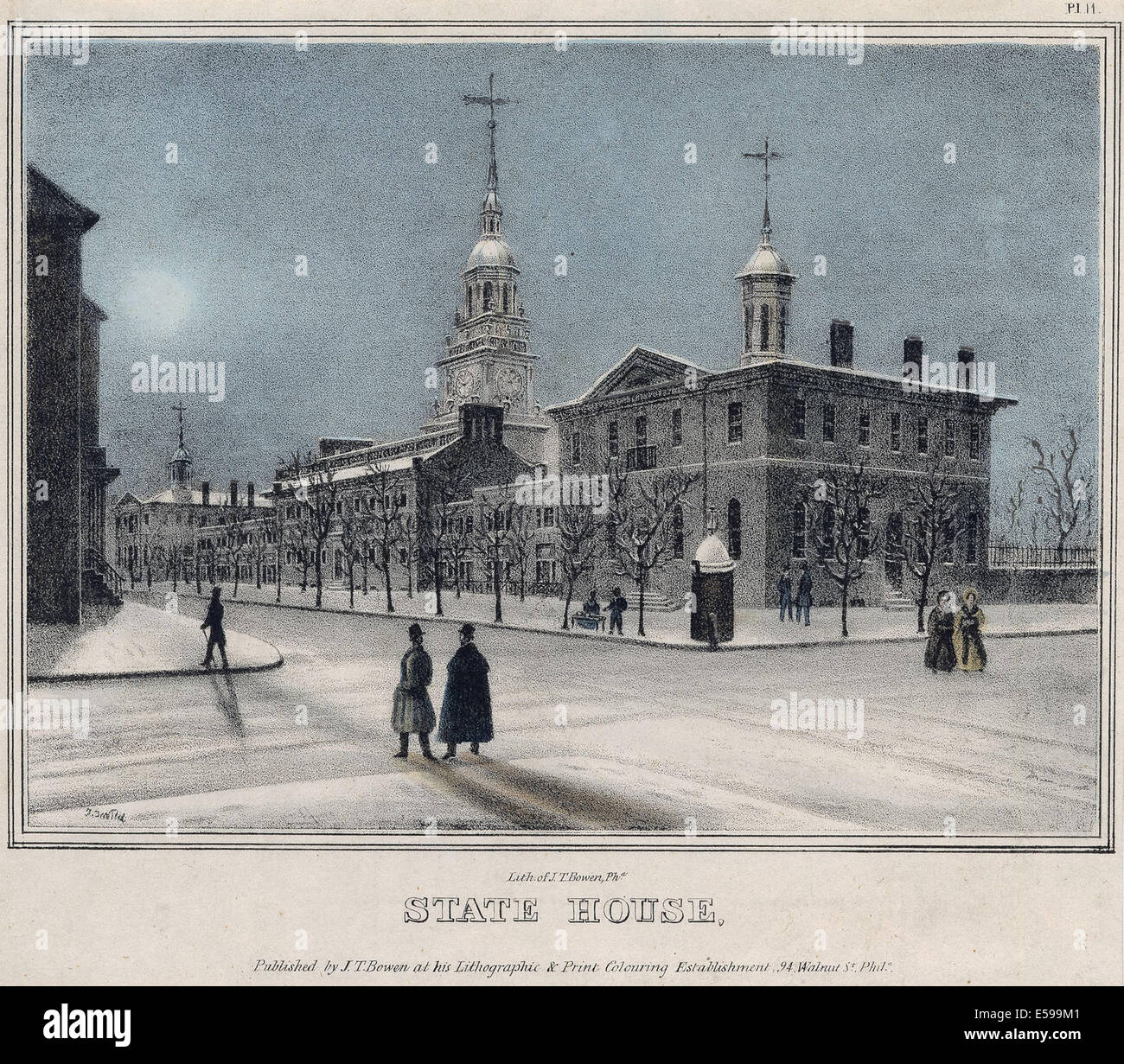 A lithograph of the State House in Philadelphia, created around 1840 ...