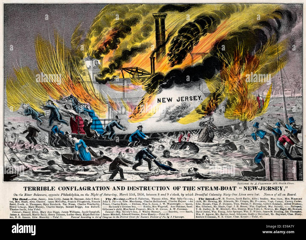 A lithograph depicting the terrible fire that destroyed the steamship ...