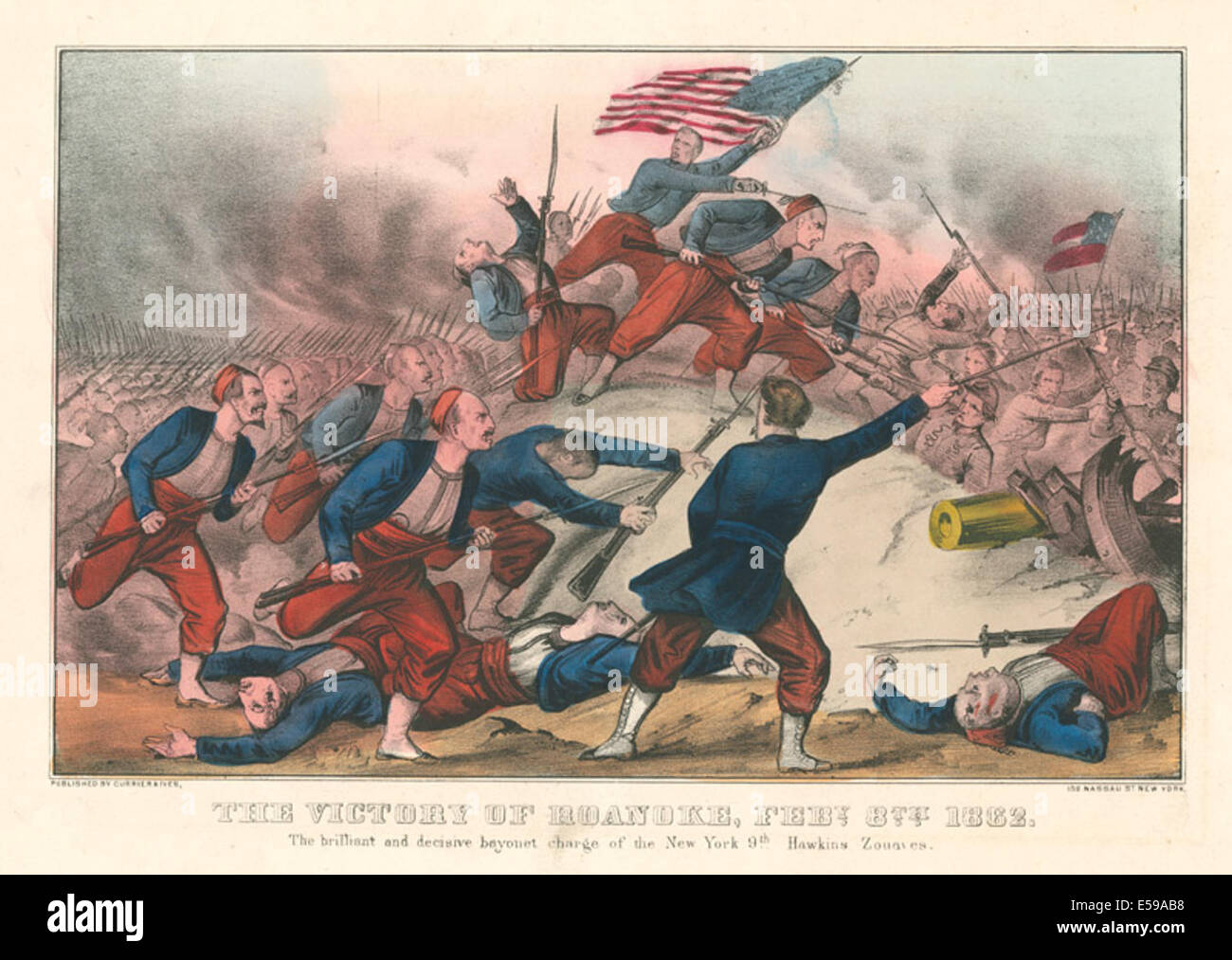 A lithograph by Currier & Ives depicting the victory at Roanoke ...